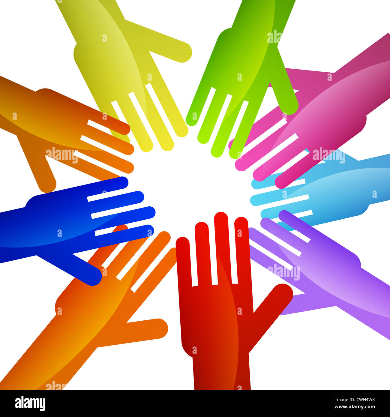 Vector concept illustration of teamwork with hands of various colors ...
