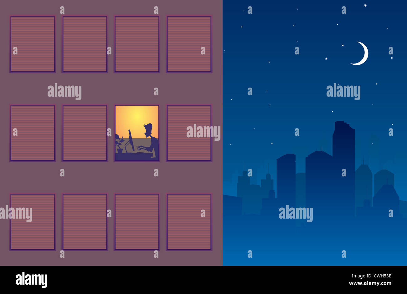 Illustration of one window still alight showing someone still working ...
