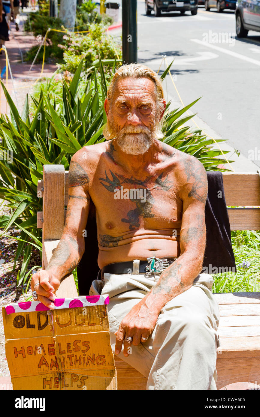 Homeless man sits in the sun in "Santa Barbara", California Stock Photo ...