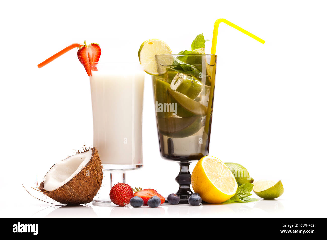 Exotic alcohol drinks set with fruits isolated on white background ...