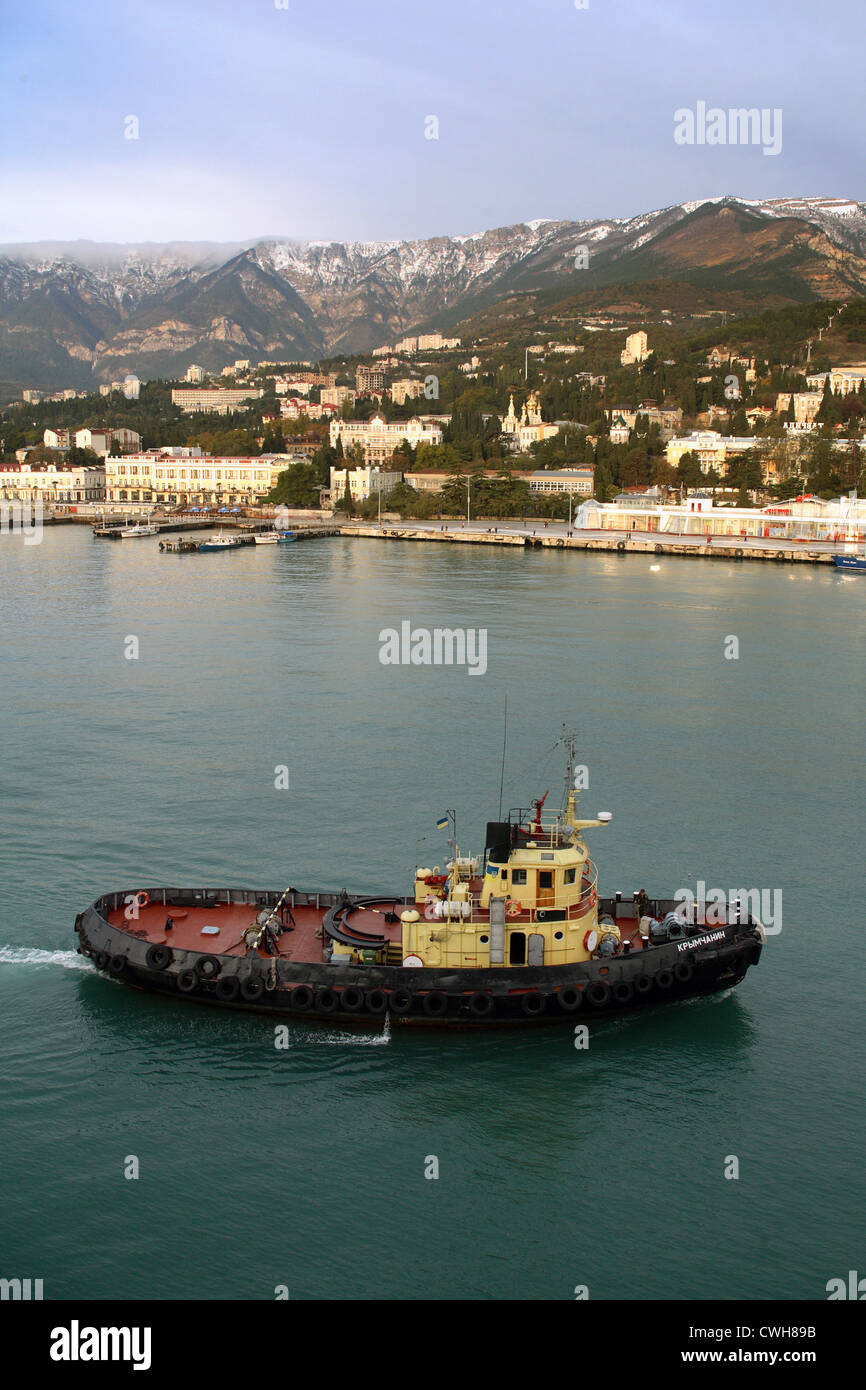 Tug boat in front of the old port terminal in Venice, Italy Stock Photo ...