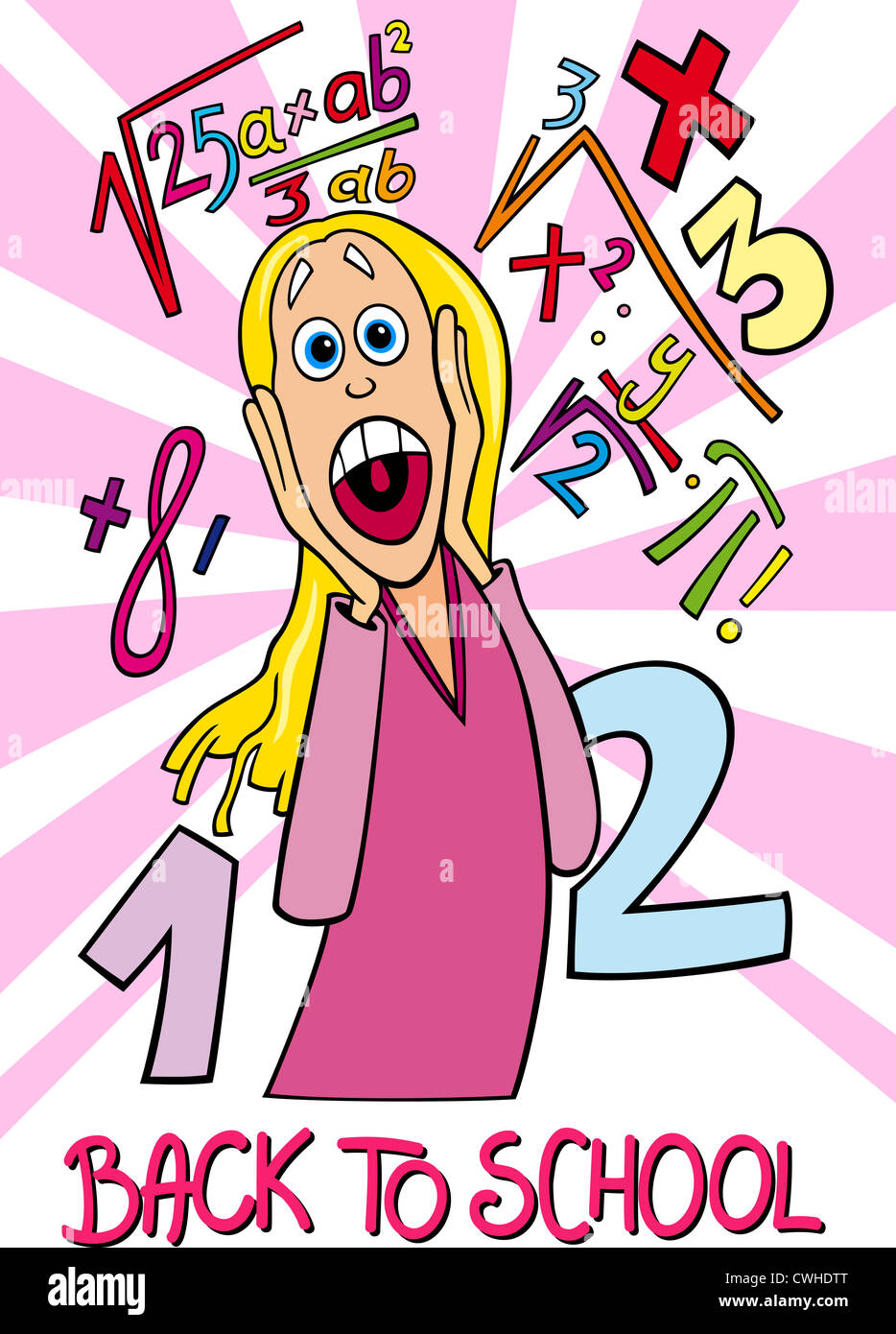 Cartoon Humorous Illustration of Teenage Girl Student Frightened of ...