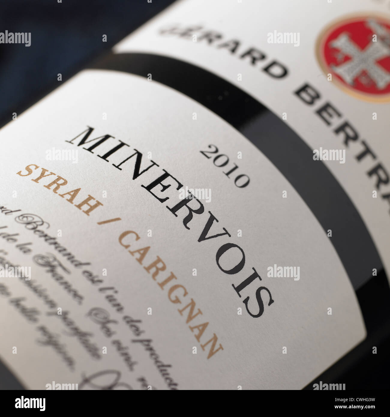 Minervois wine bottle label closeup Stock Photo - Alamy