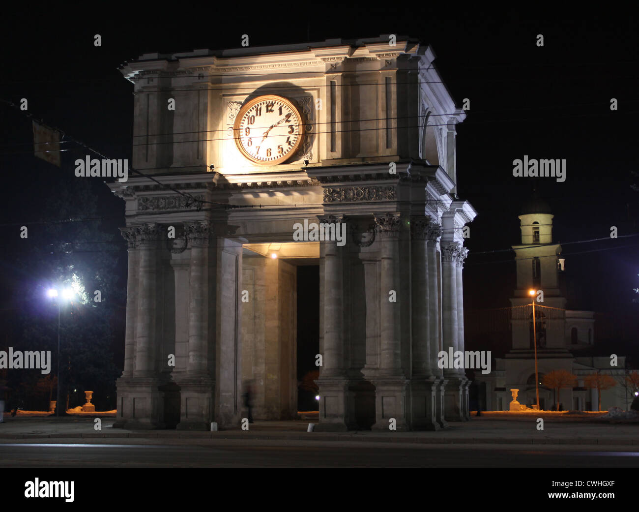 Moldova. Chisinau at night. Arc de Triomphe (Arch of Victory) and the ...