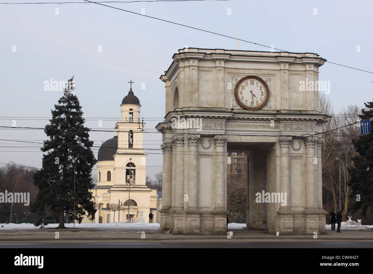 Moldova. Chisinau. Arc de Triomphe (Arch of Victory) and the cathedral ...