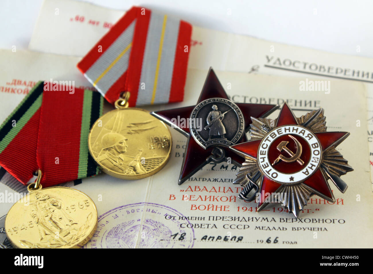 Awards of WWII. Orders and medals against award documents Stock Photo ...