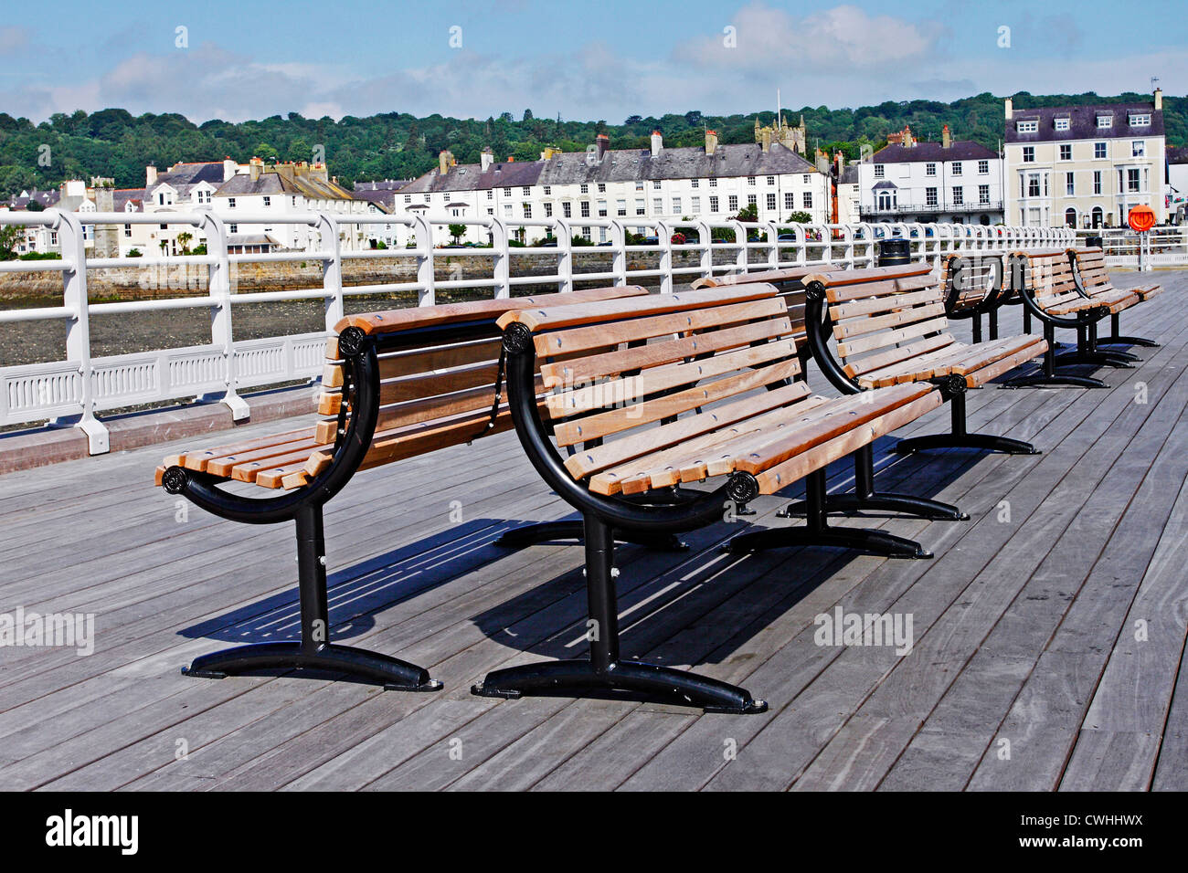 Seating on the refurbished pier in Beaumaris, Anglesey, North Wales ...