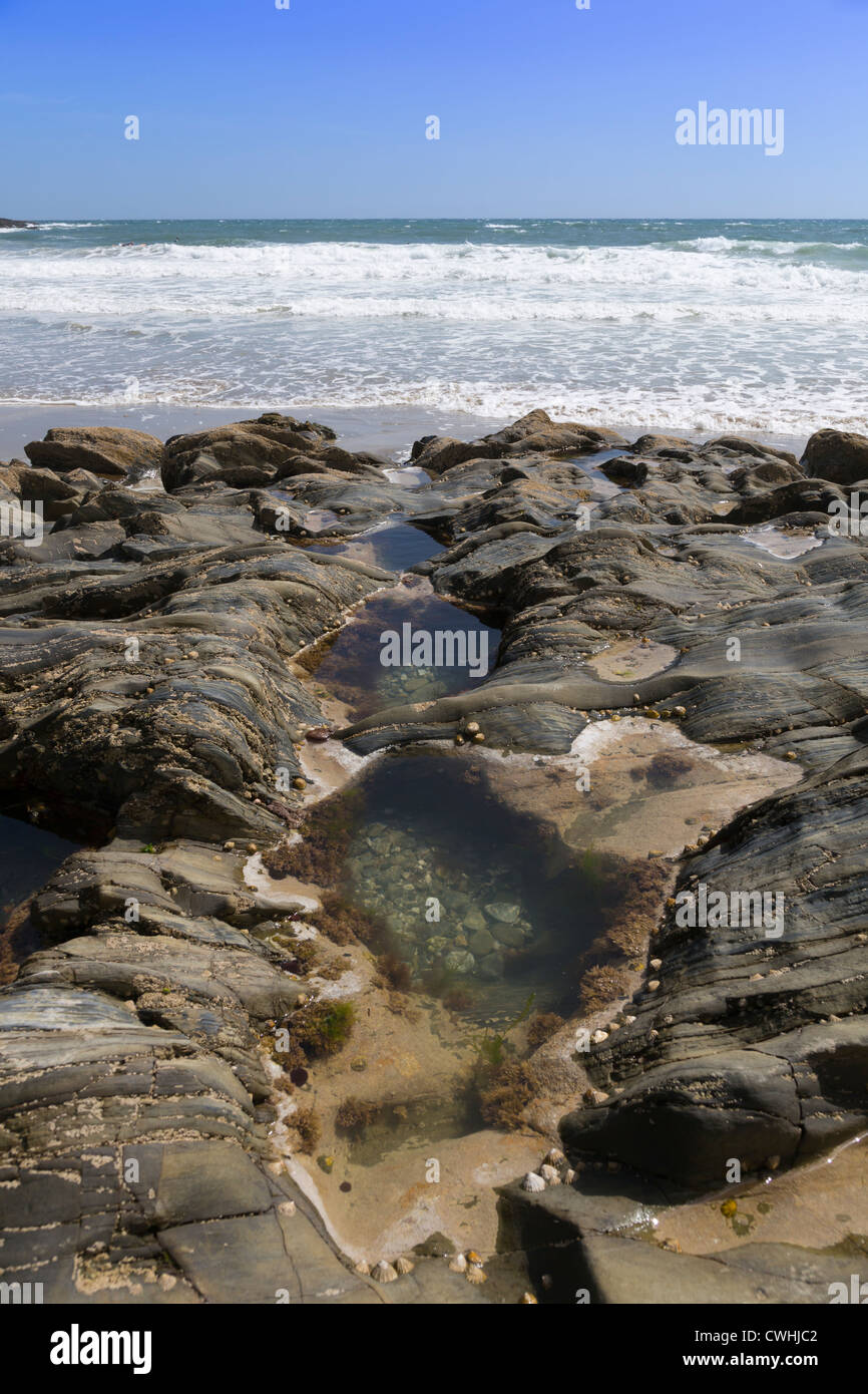 Rock Pools on Porthcurnick Beach Nr Portscatho, Cornwall uk Stock Photo ...