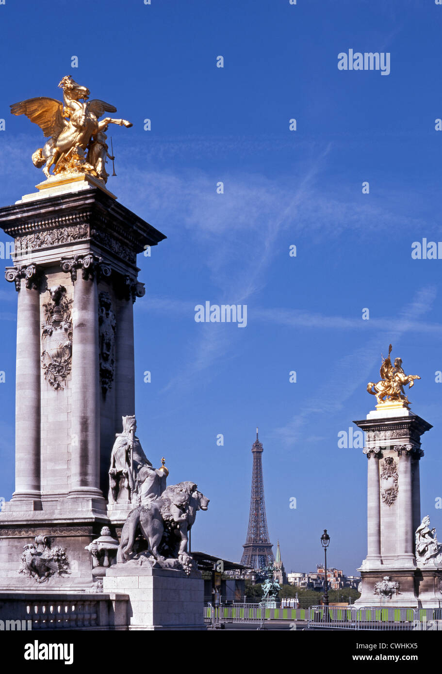 Pont Alexandre lll featuring bridge entrance pillars topped with gold ...