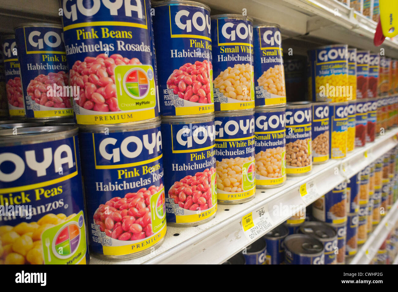 Goya Hispanic canned beans in a supermarket in New York are seen on ...
