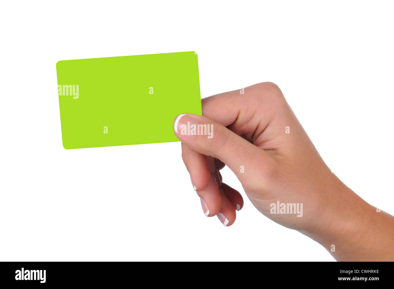 Closeup of a woman's hand holding a blank green gift card. Horizontal ...