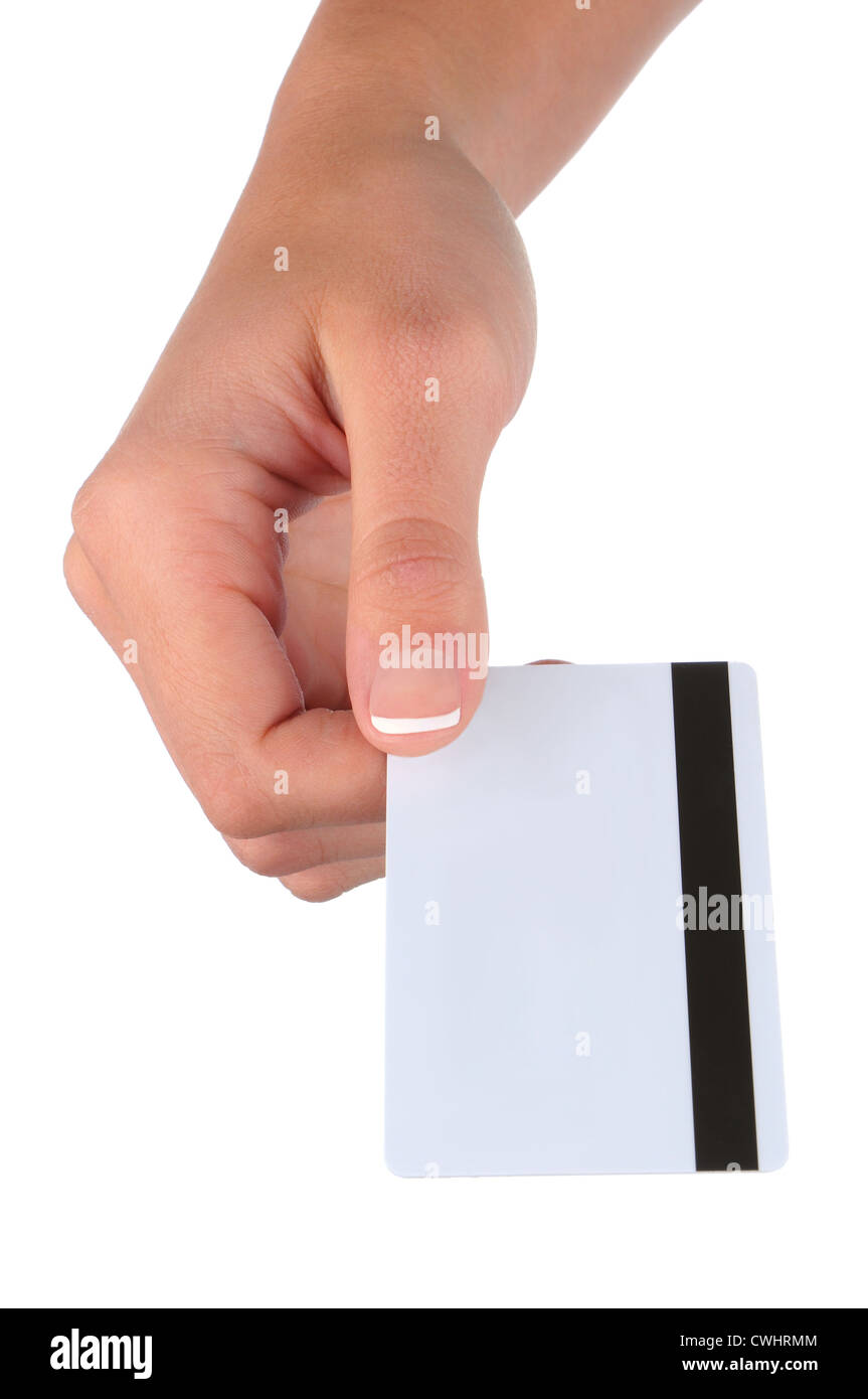 Closeup of a woman's hand holding a credit card with the magnetic strip ...