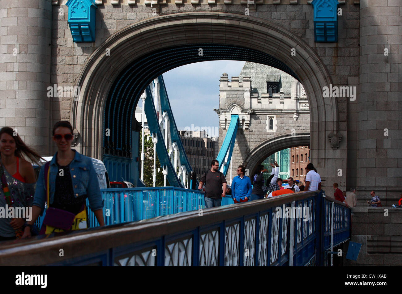 A view of part of Tower Bridge in London, including pedestrians ...