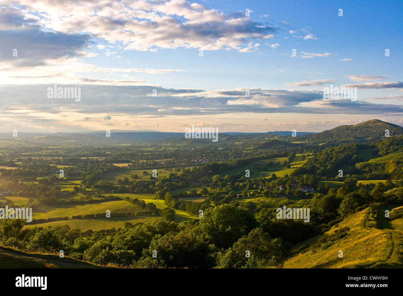 Countryside panorama panoramic bathed in dusk sunlight Malvern Hills ...