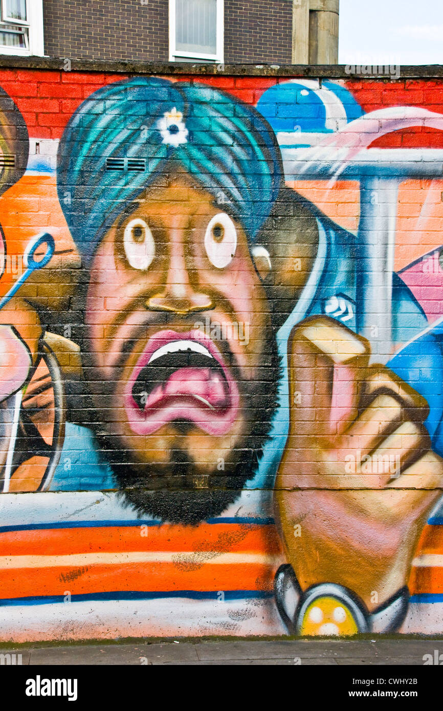 Bright-colored urban graffiti street art of male man wearing a turban ...