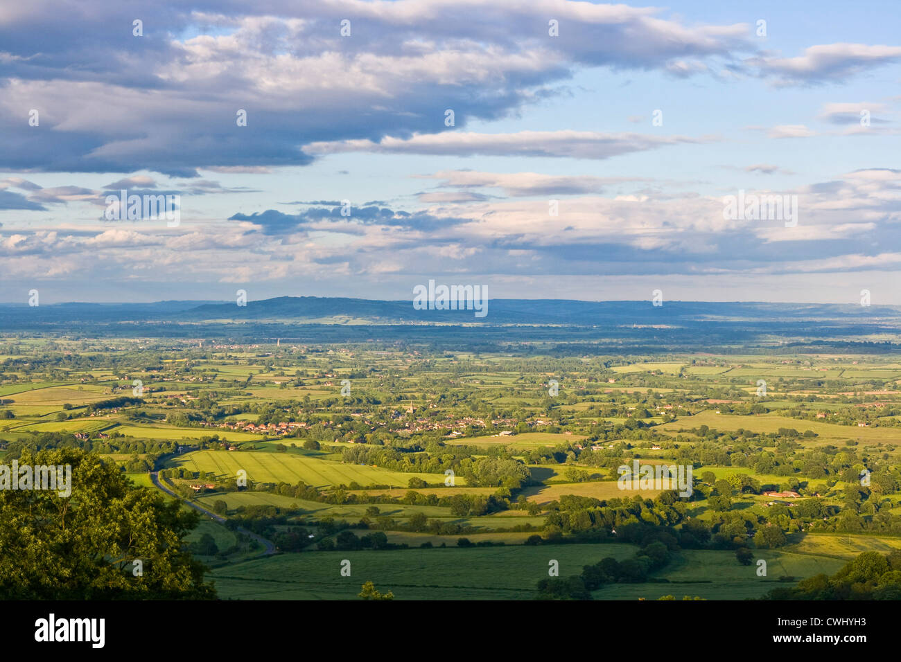 Panoramic view across English countryside at dusk from Malvern Hills ...