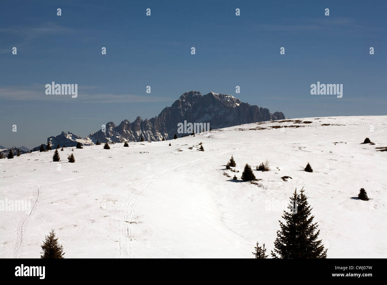 Massive limestone cliffs dominating the horizon above Corvara Alta ...