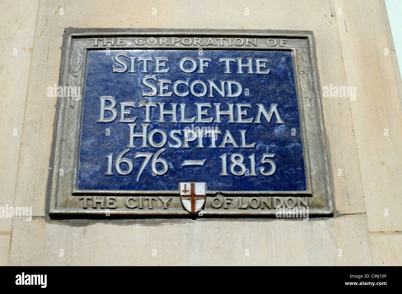 Blue plaque marking the site of the second Bethlehem Hospital, London ...