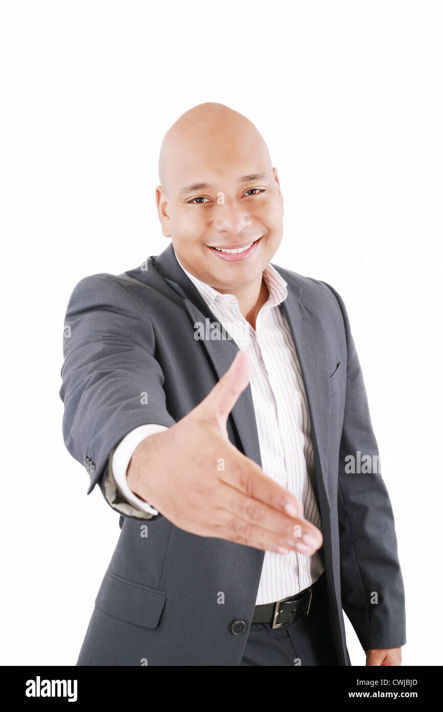 Portrait of an African American business man with an open hand ready to ...