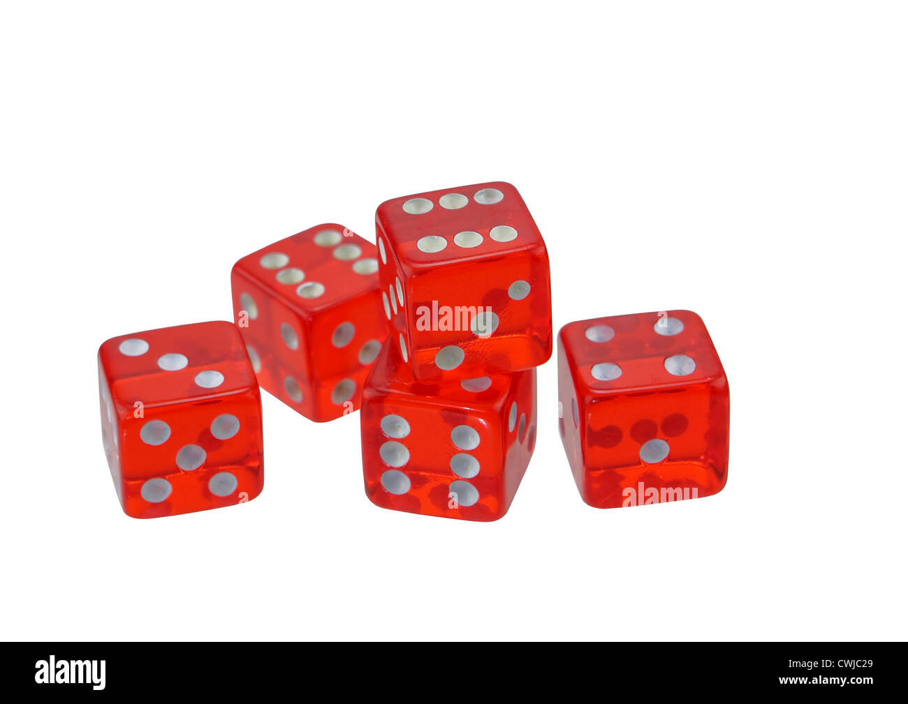 five Red dice on white with reflection Stock Photo - Alamy