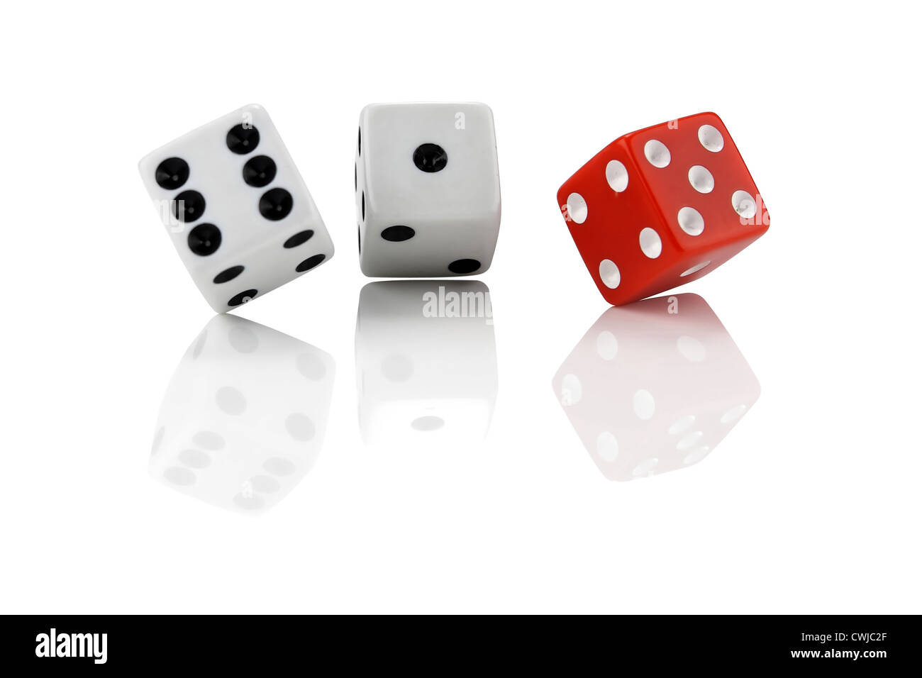 Two white dice with red die and background reflection Stock Photo - Alamy