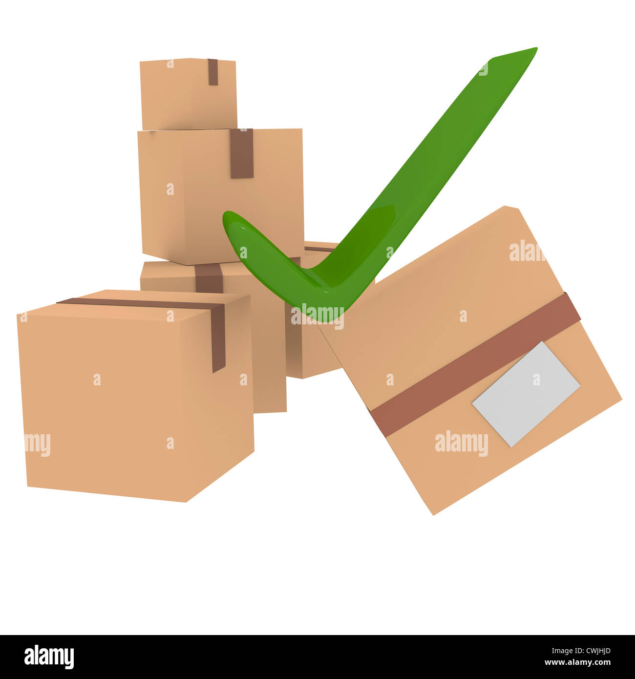 Cardboard boxes with a green check mark Stock Photo - Alamy