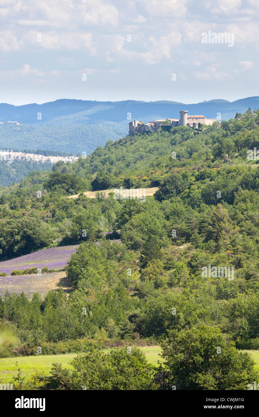 View across the landscape to Viens with tower Provence France Stock ...