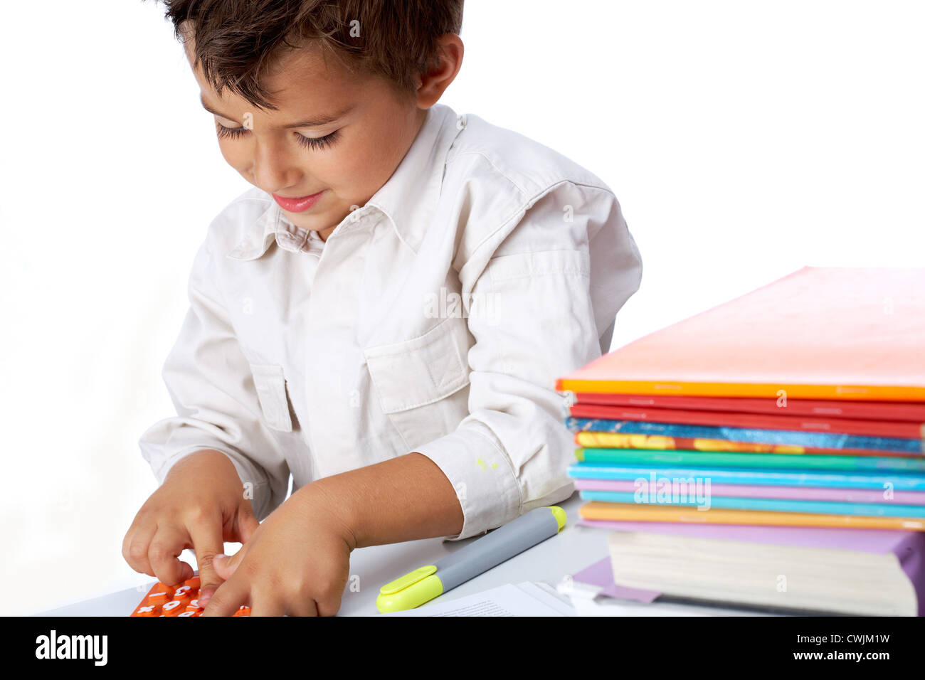 Portrait of positive schoolkid playing school game in isolation Stock ...