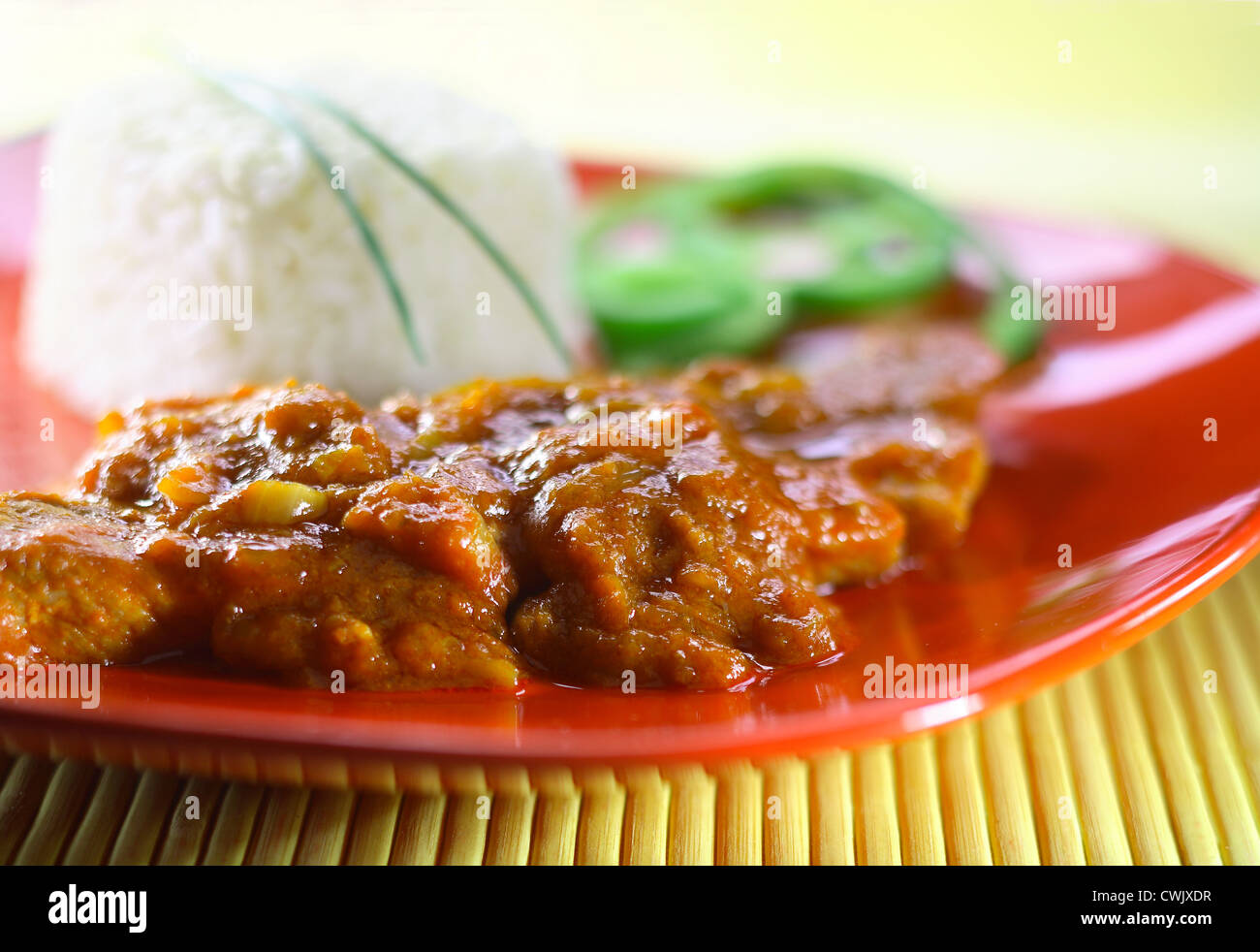 Beef Meat Cubes with Rice Stock Photo - Alamy