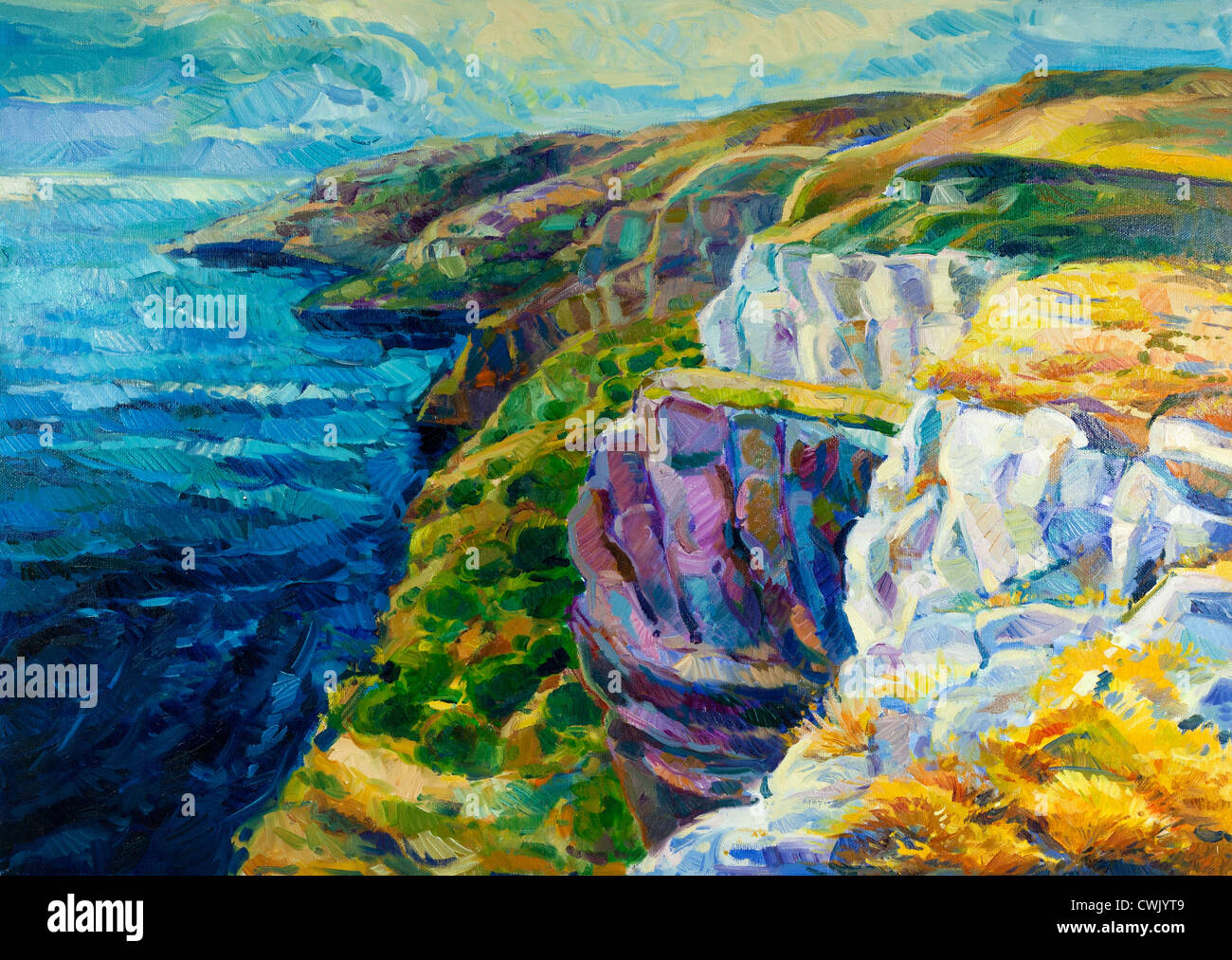 Original oil painting of ocean(sea) coast and cliffs on canvas.Modern Impressionism Stock Photo ...