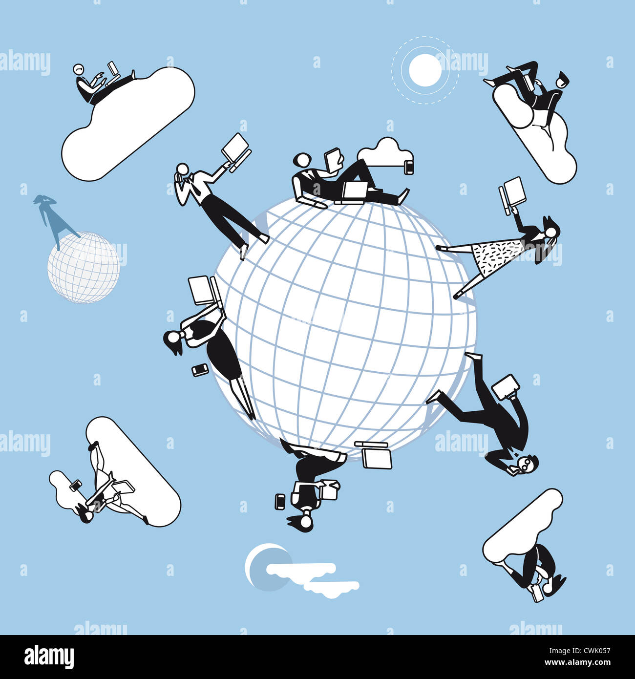 Businessman and businesswoman silhouettes in a little planet access to ...