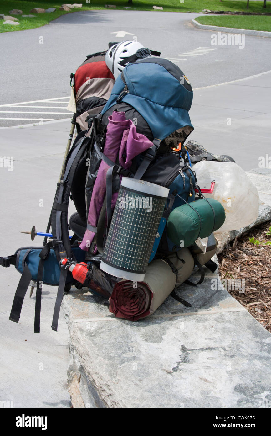 Loaded backpack sits ready for a hike in the Great Smoky Mountains ...