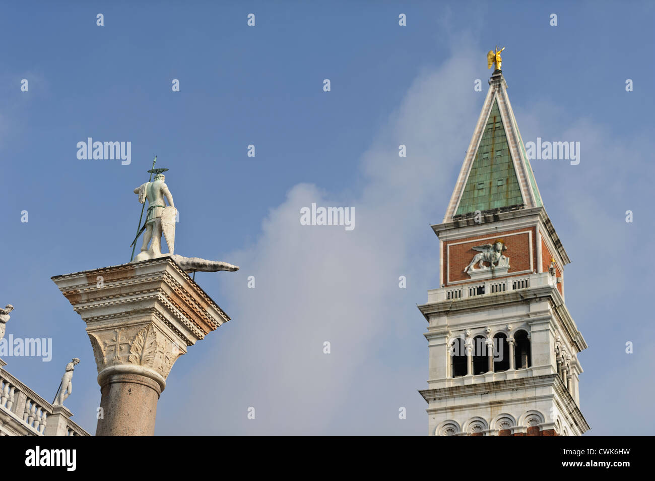 St Theodore statue and Campanile in St Mark's Square, Venice, Italy ...