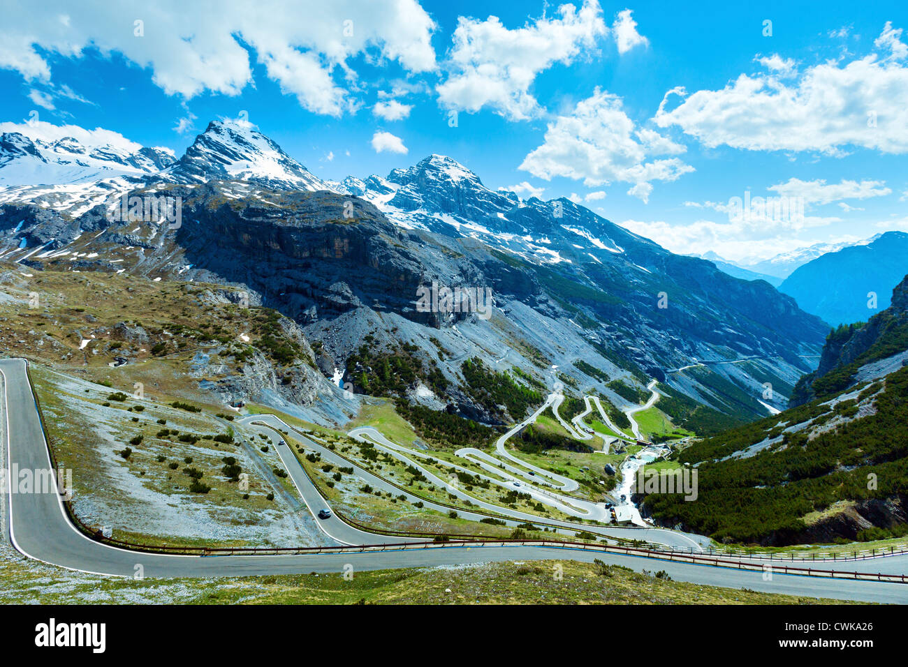 Summer Stelvio pass with alpine road and snow on slope (Italy Stock ...