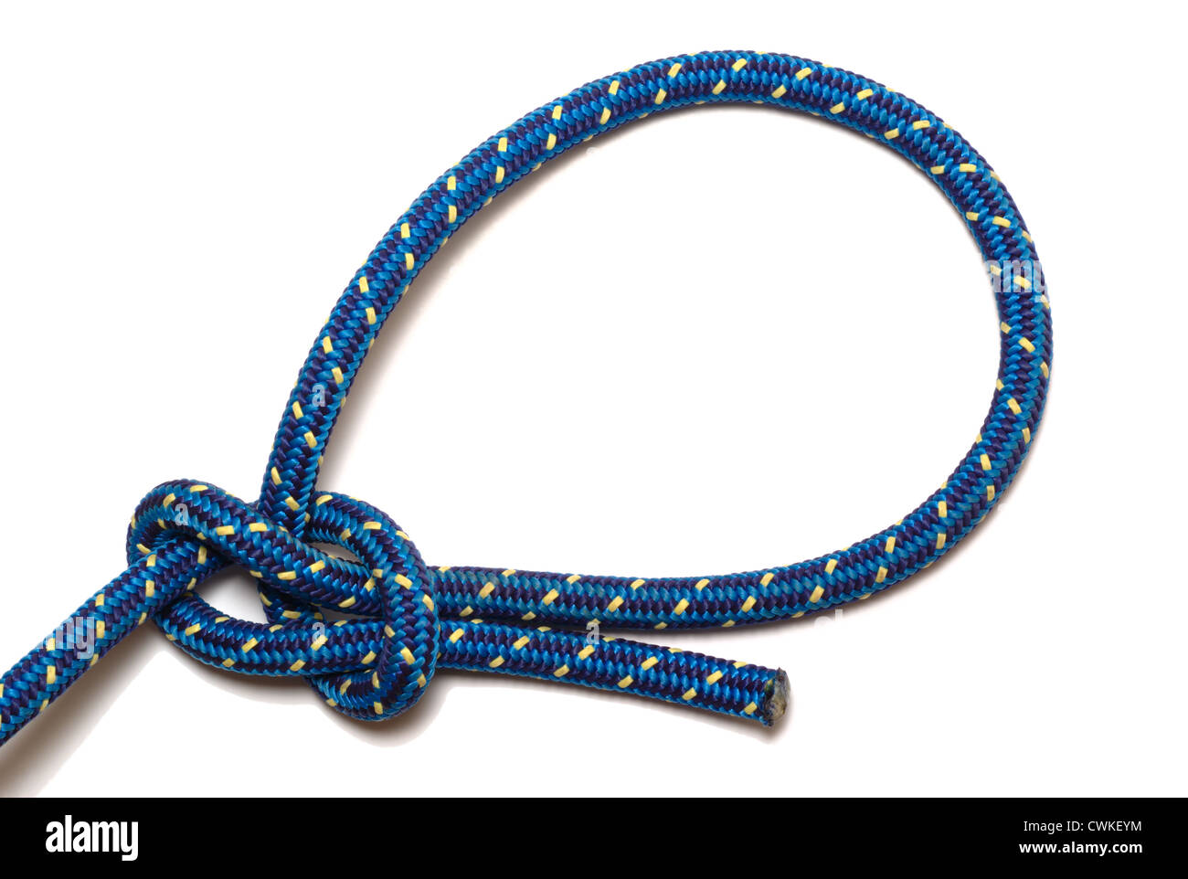 Bowline knot made of a blue-yellow rope, photographed on white ...