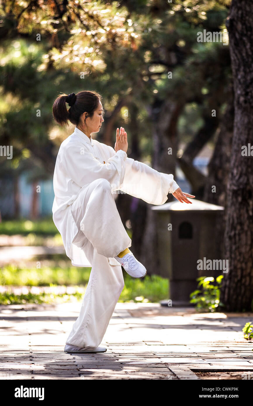 Chinese people practices tai chi martial arts exercise early morning at ...