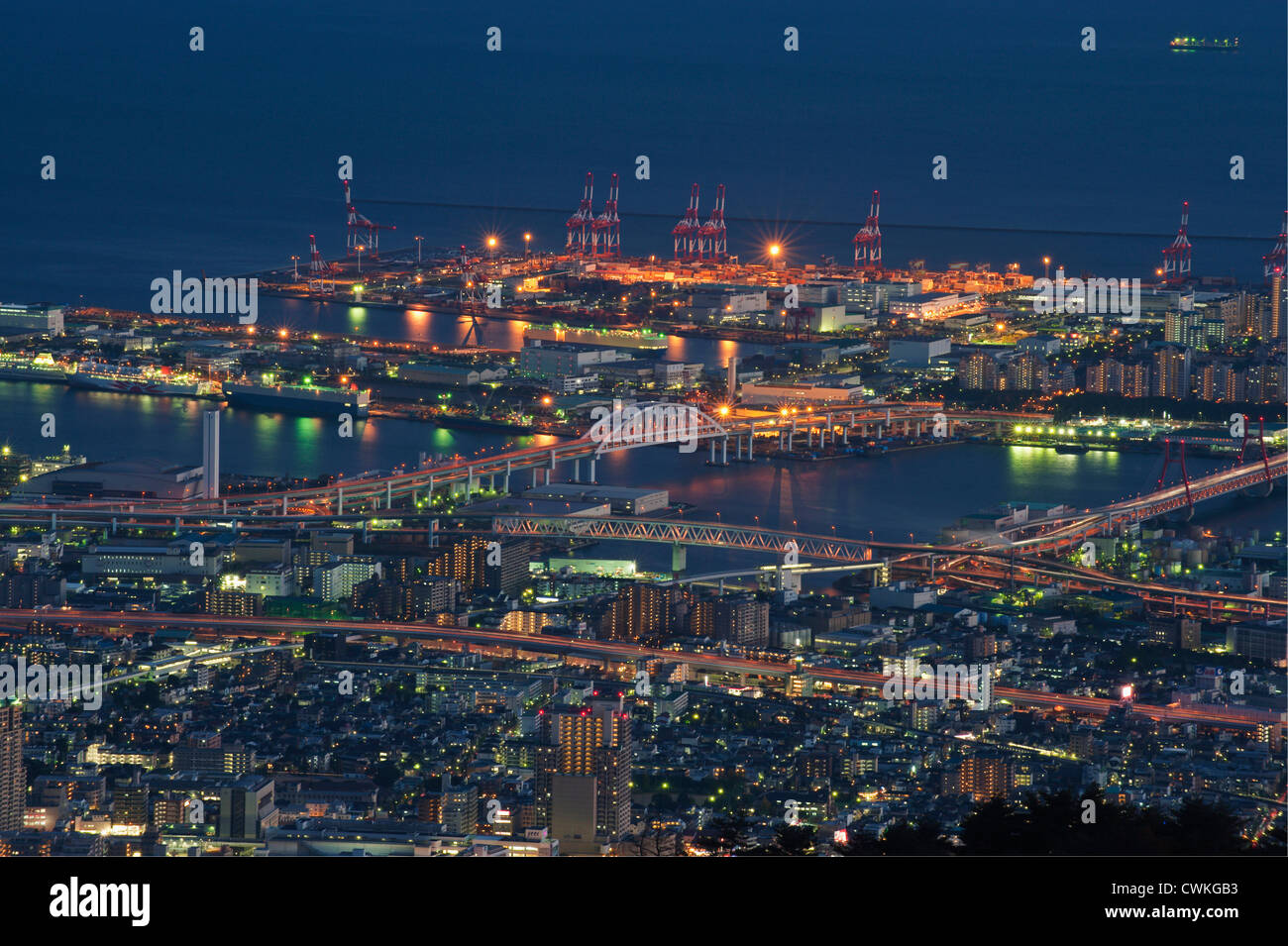 Japan, Hyogo, Kobe, Looking down on Kobe Harbor from Rokko Mt Stock ...