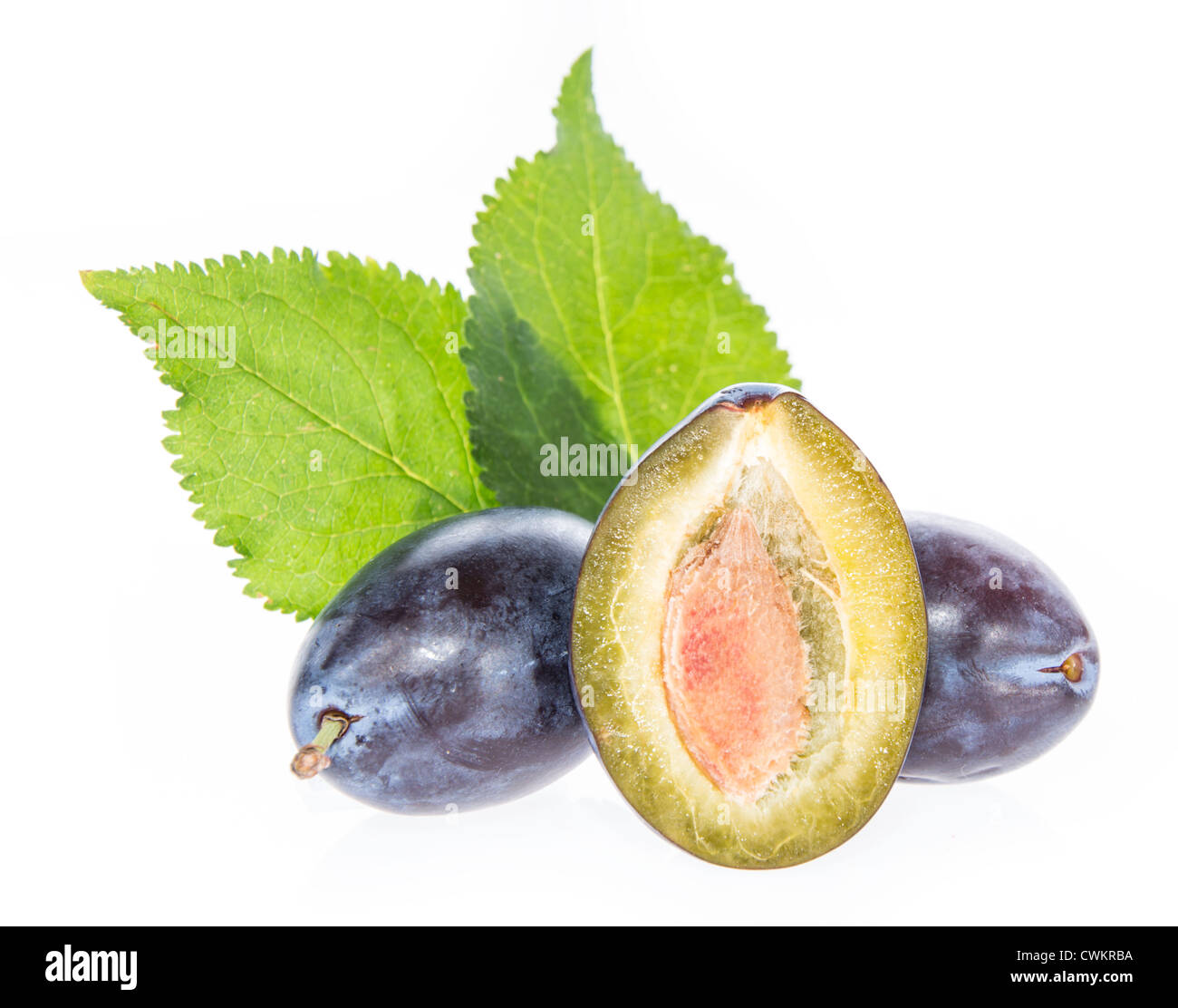 Some Plums with leaves isolated on white Stock Photo - Alamy