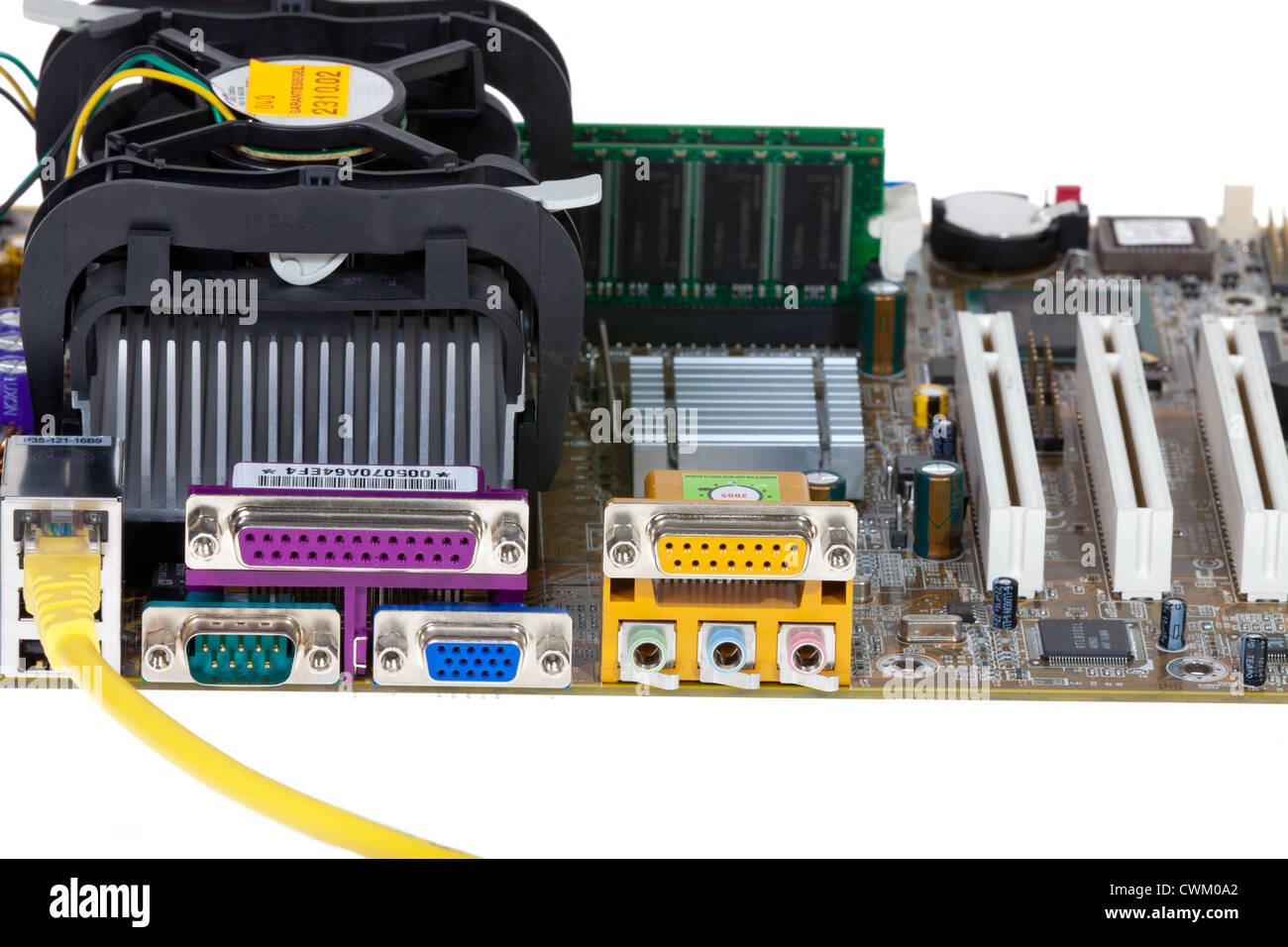 Yellow network cable plugged into the socket a motherboard isolated on ...