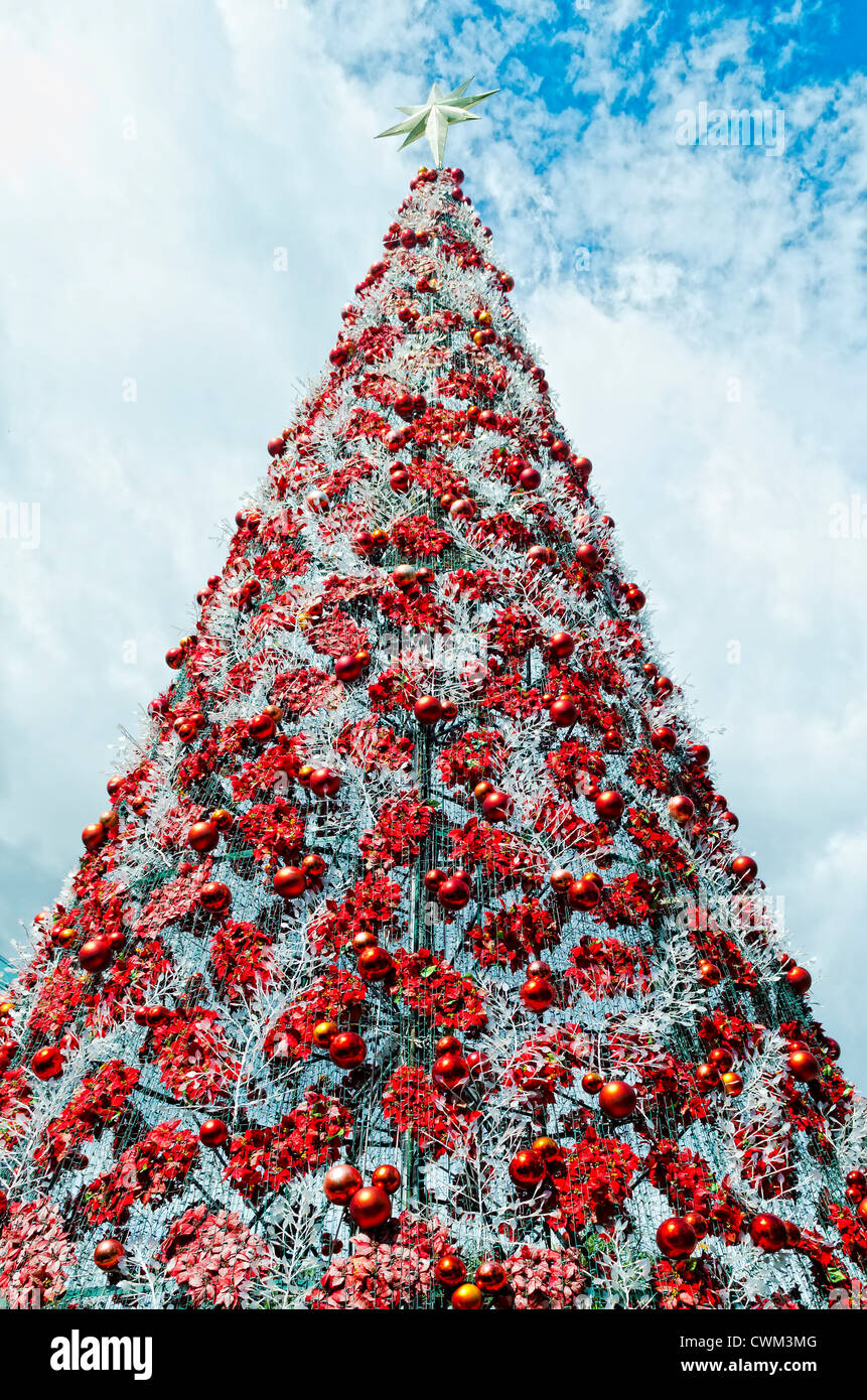 Christmas tree with hundreds of red Christmas balls and poinsettias ...