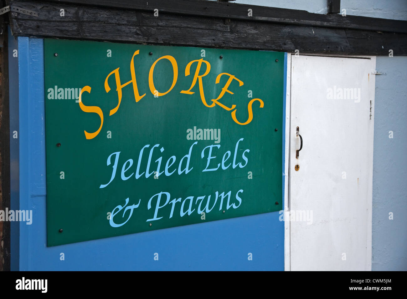 Sign outside "Shores" Jellied Eels and Prawn shop, Hastings Stock Photo ...