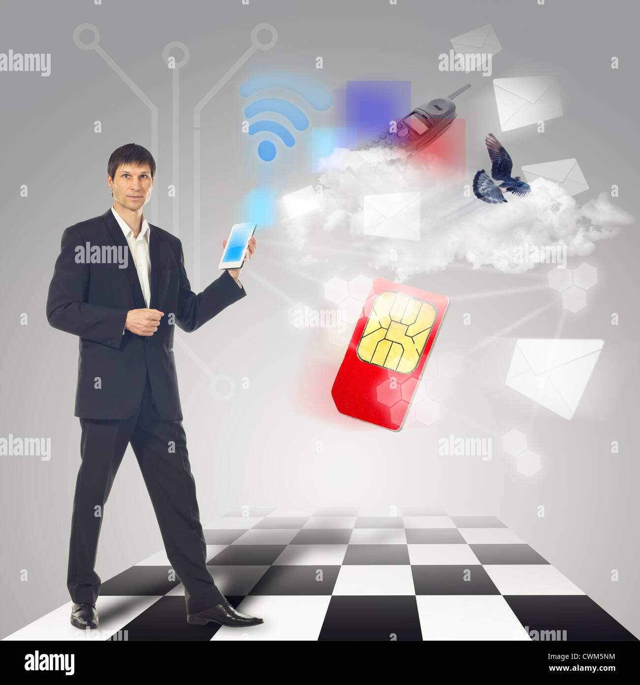 Businessman using communications device with touch screen with email ...