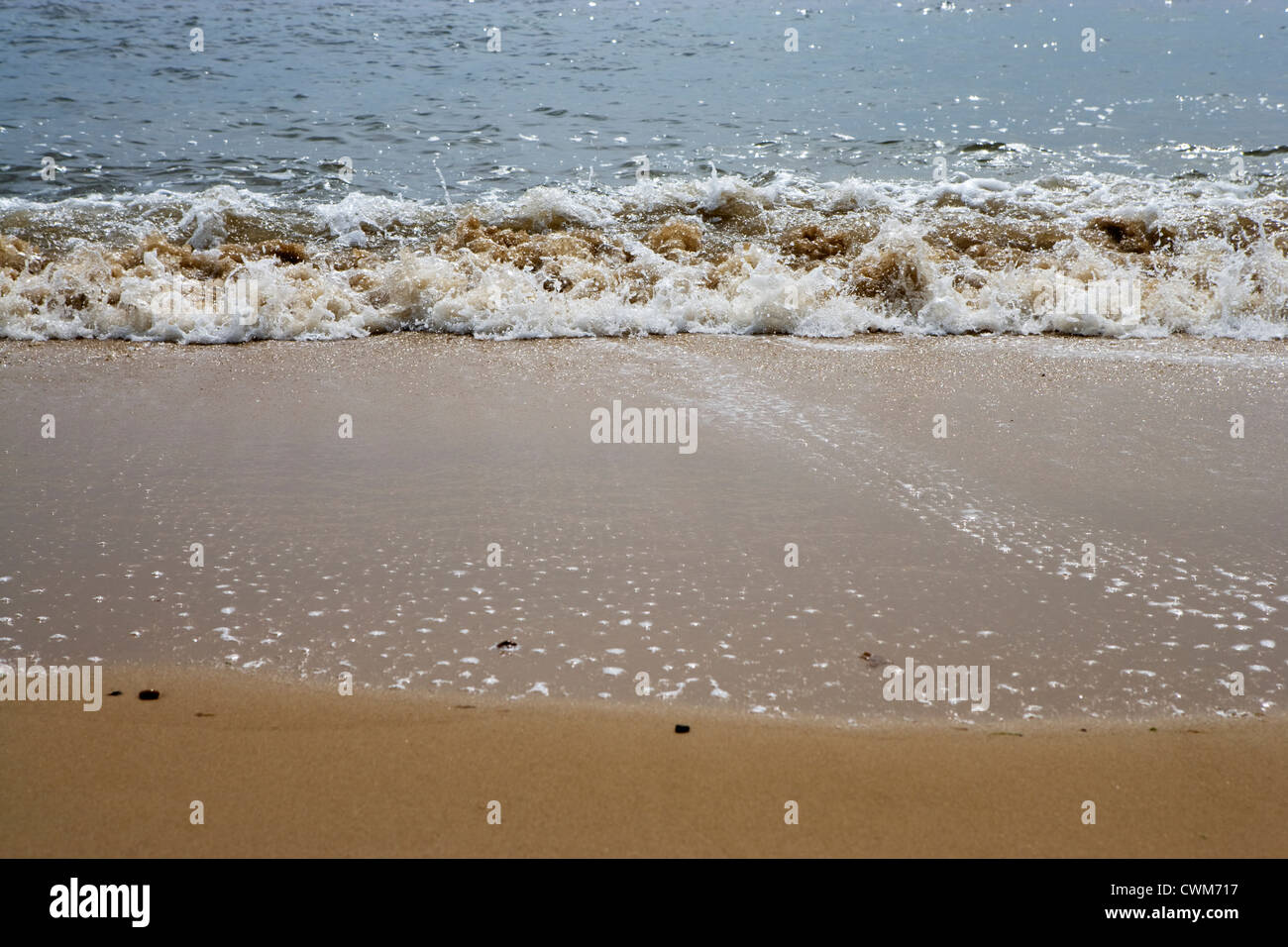 Low angle view of the shoreline on a sandy beach. The sunshine is ...
