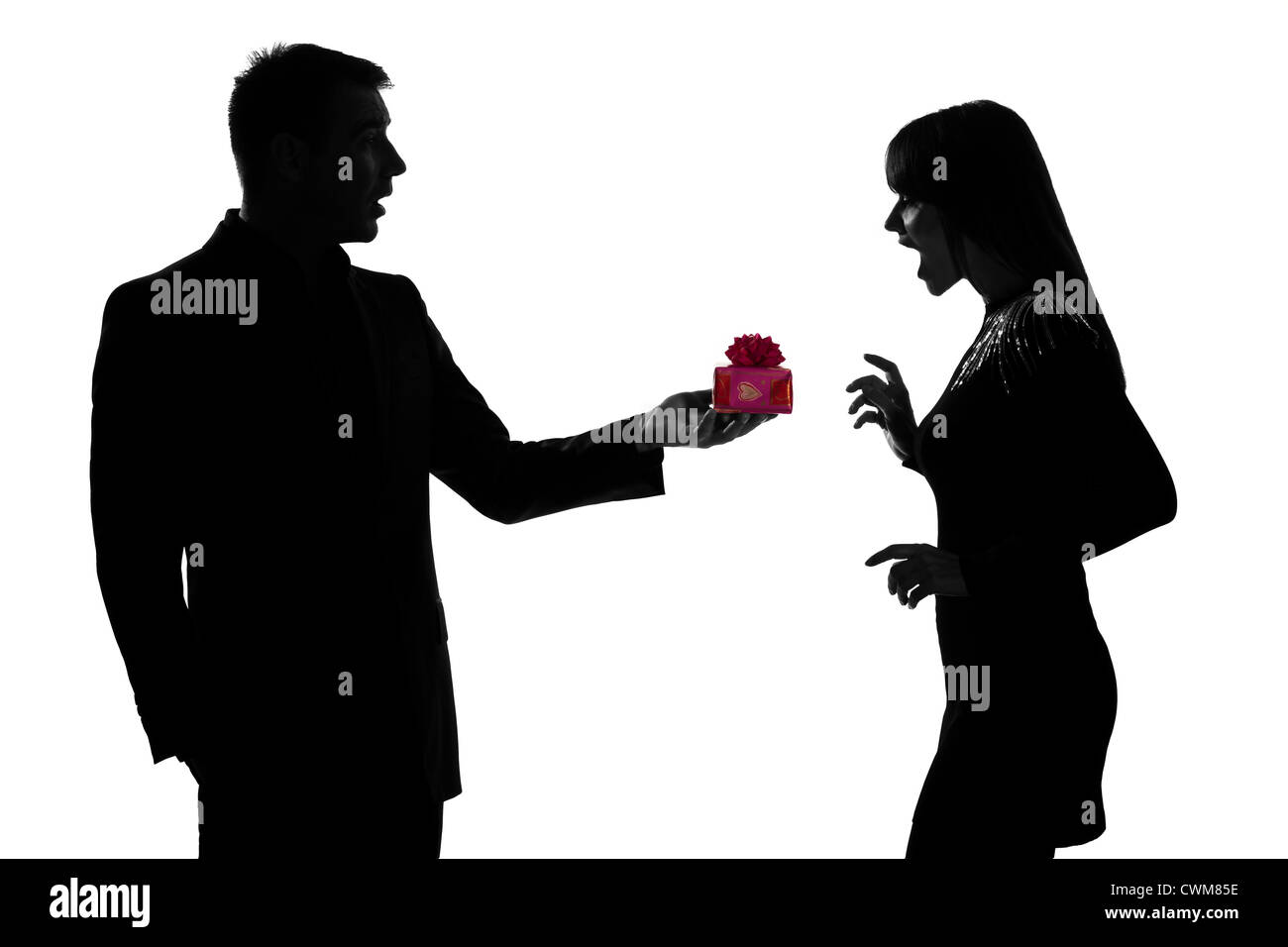 one caucasian couple man kneeling offering present gift and woman ...