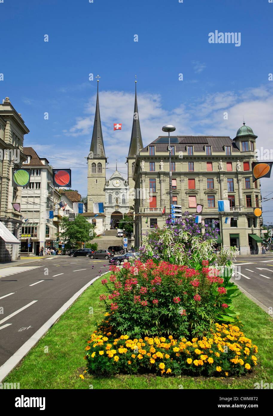 Europe. Switzerland. Lucerne town centre showing the church of St ...