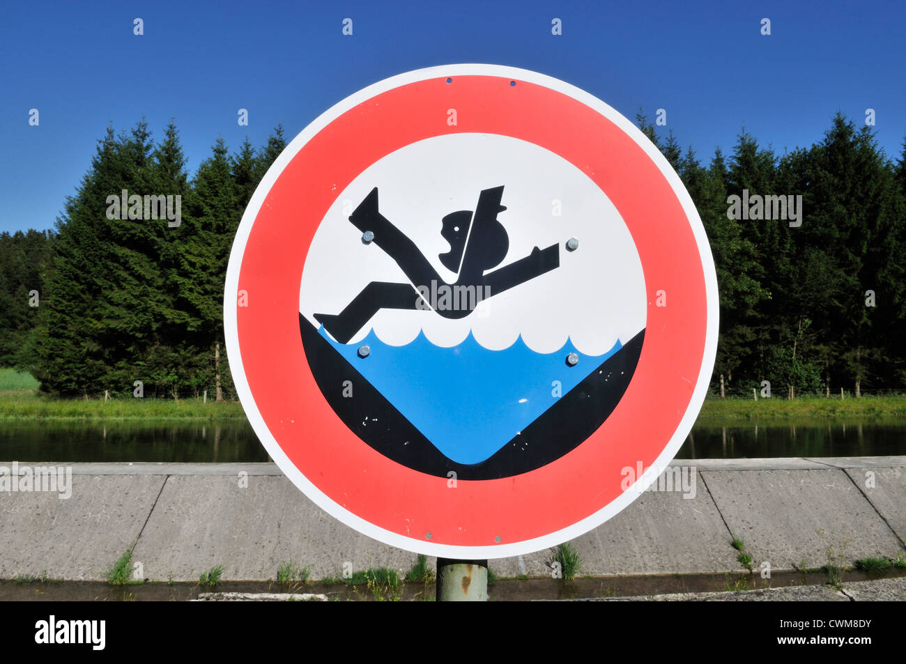 Germany, Bavaria, Warning sign at canal Stock Photo - Alamy