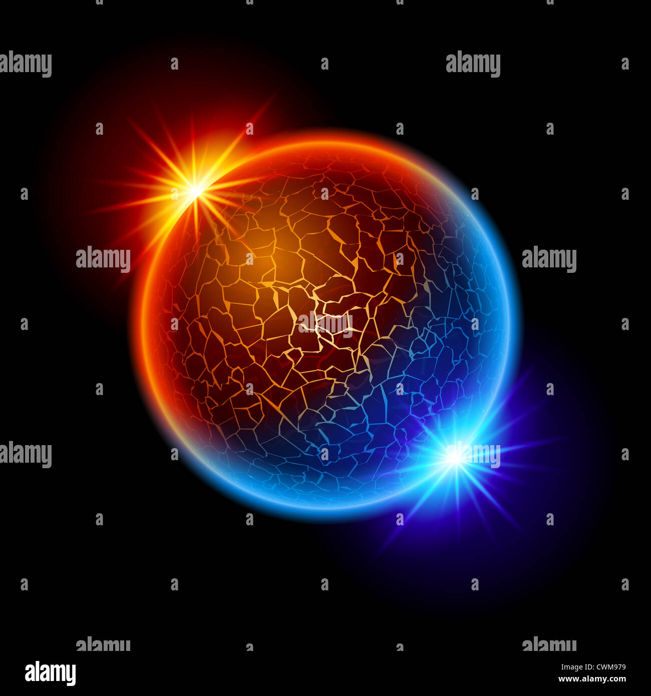 Fire and Ice Ball Planet with Two Stars. Illustration on black ...