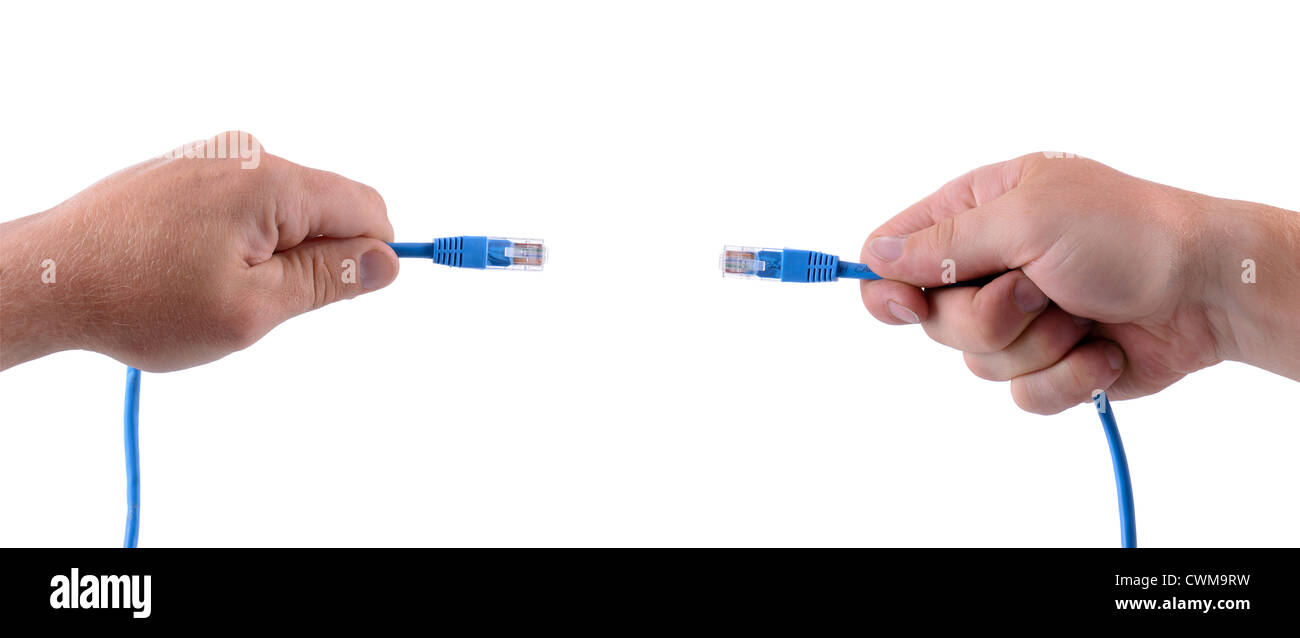 hands holding network cables connecting symbol of connection Stock ...