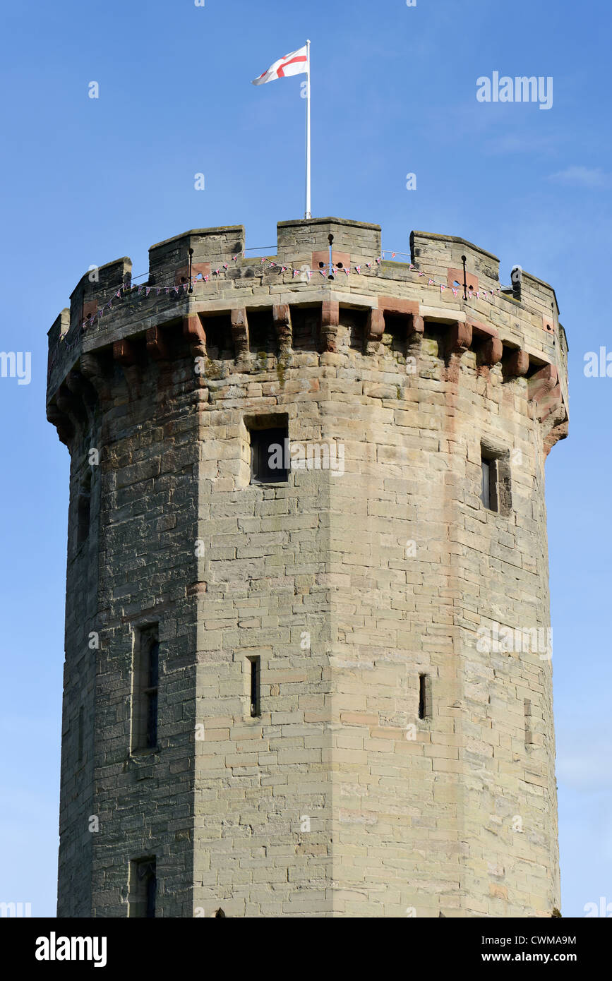English castle tower flying the st George flag Stock Photo - Alamy