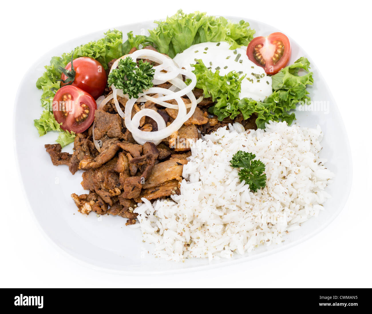 Plate with Kebab and Rice isolated on white Stock Photo - Alamy
